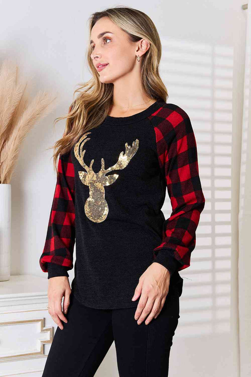 Heimish Full Size Sequin Reindeer Graphic Plaid Top – Lauxiva